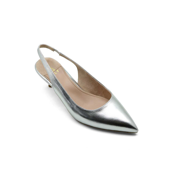 Silver Metallic Leather Slingback Kitten Heel | ALLY Shoes