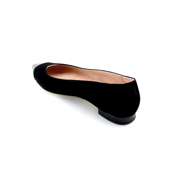 Black Suede Black Patent Leather Cap Toe Flat| ALLY Shoes
